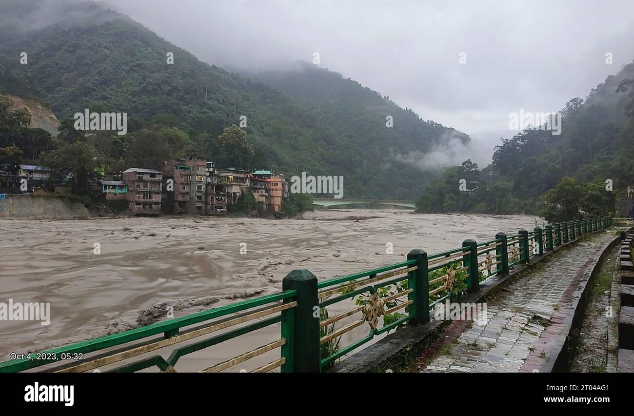 Water levels of the Teesta river rises in Sikkim, India, Wednesday, Oct. 4, 2023. Twenty-three ...