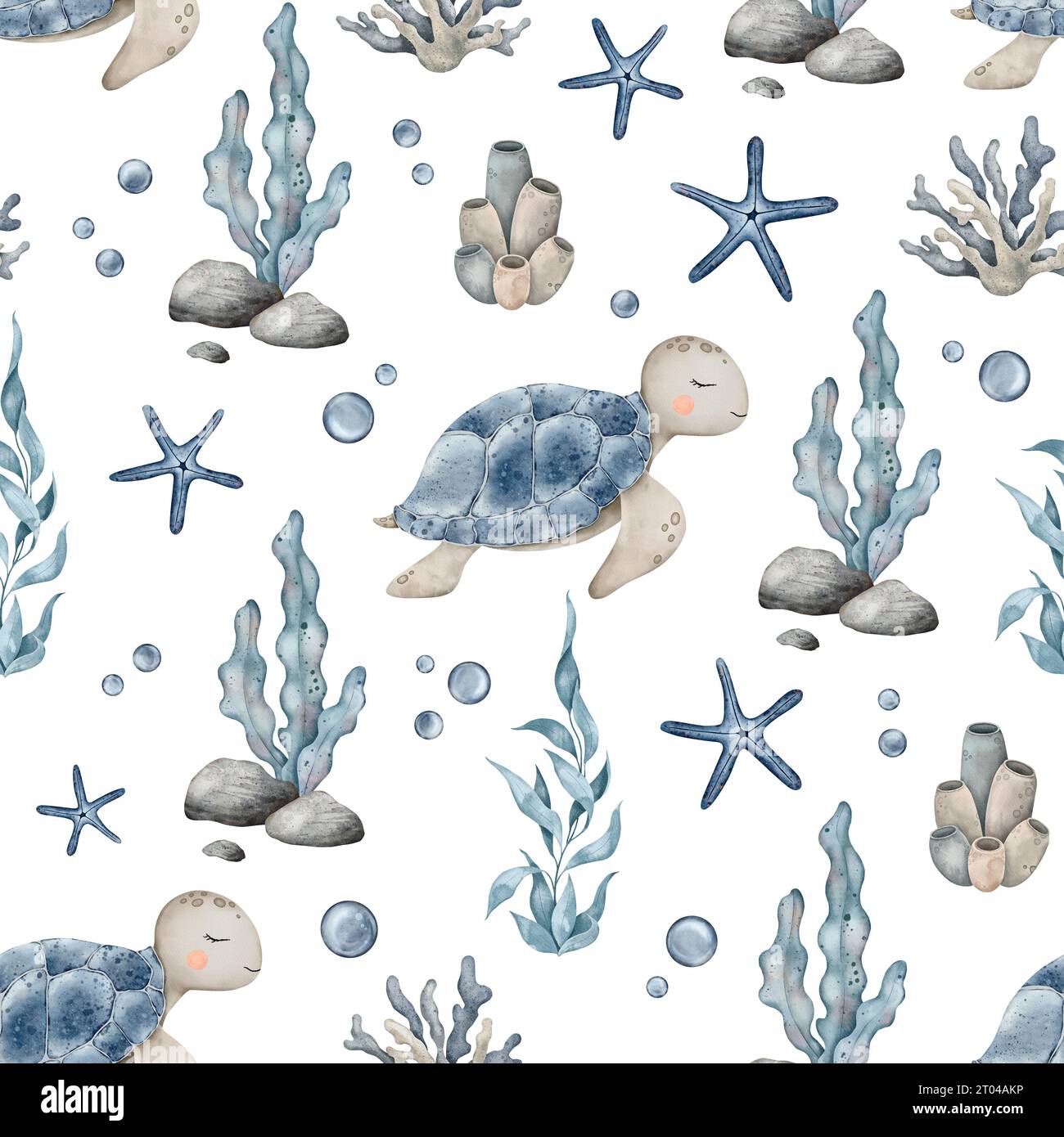 Marine seamless pattern sea animals, plants, seashell, starfish, marine ...