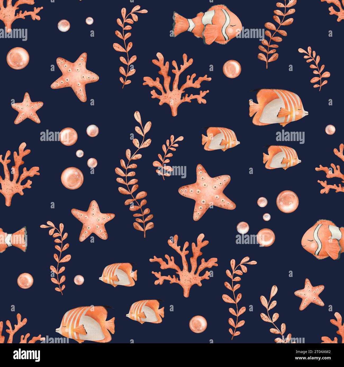 Seamless pattern of Anemonefish or Clownfish in orange, black and white ...