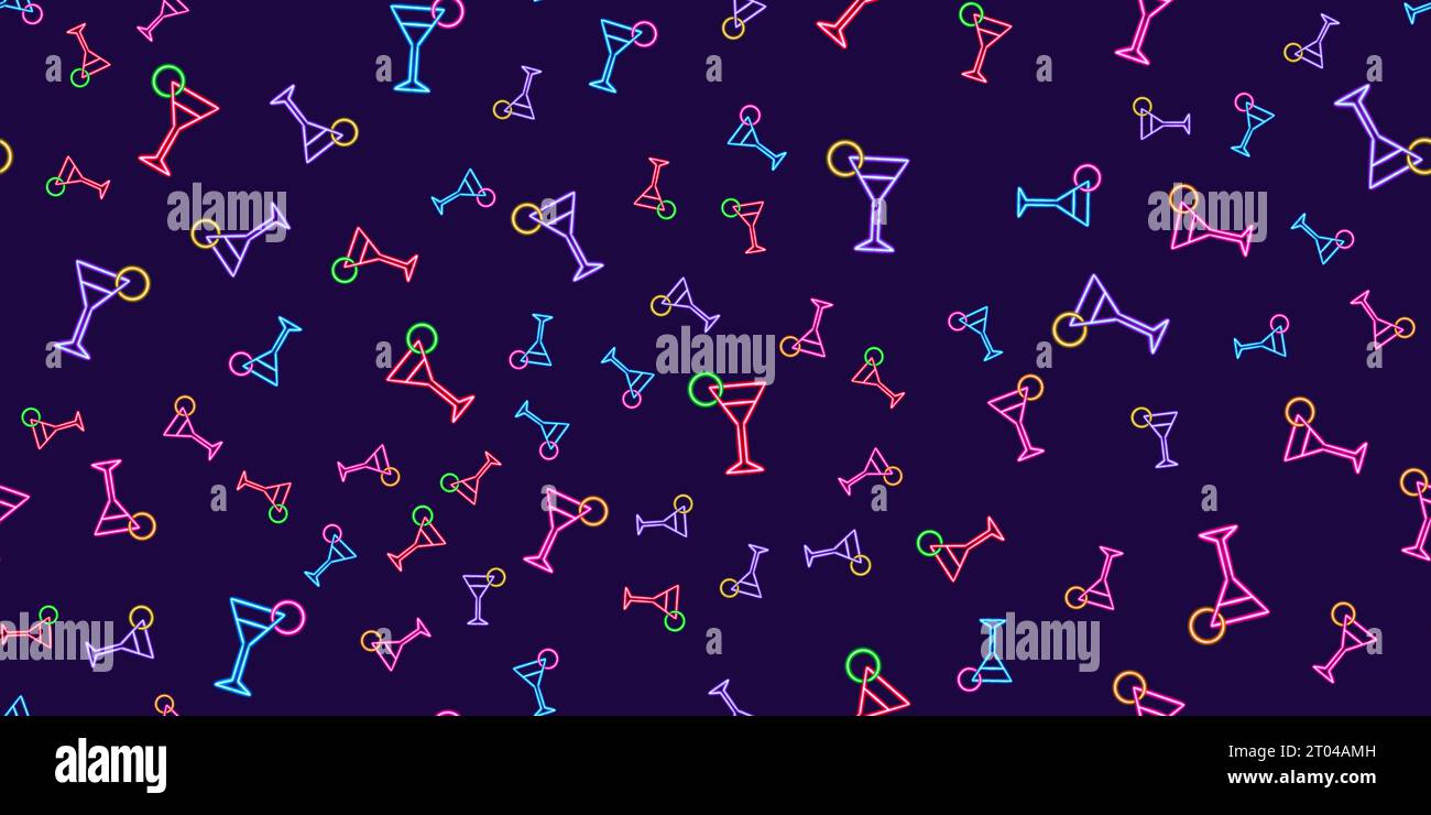 seamless pattern cocktail bar glowing desktop icon, neon sticker, neon ...