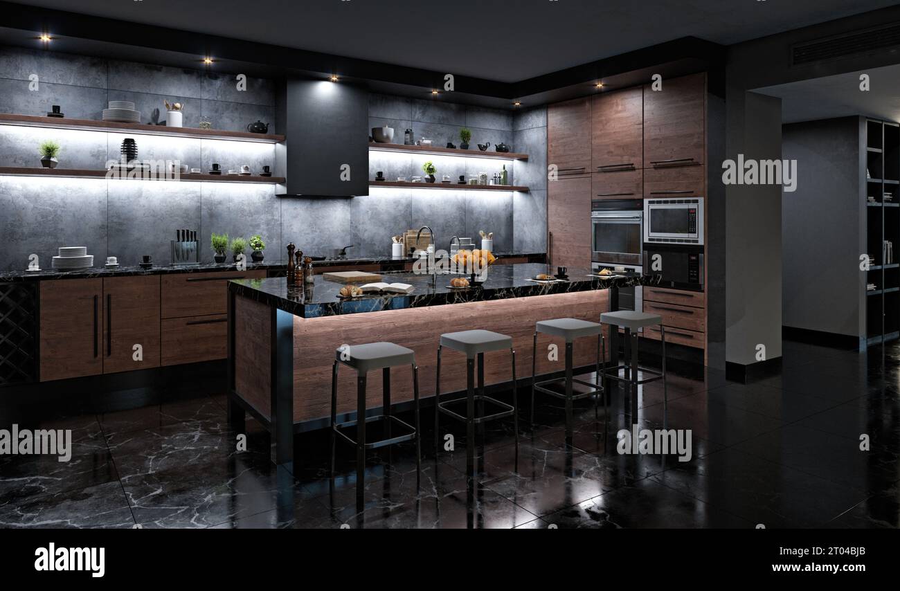 modern dark kitchen interior Stock Photo - Alamy