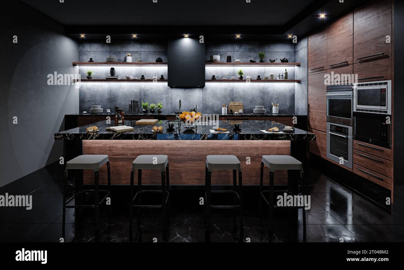 modern dark kitchen interior Stock Photo - Alamy