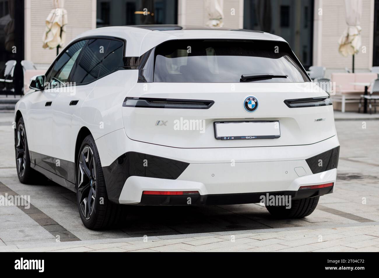 Minsk, Belarus, October 4, 2023 - Reaw view futuristic luxury electric ...