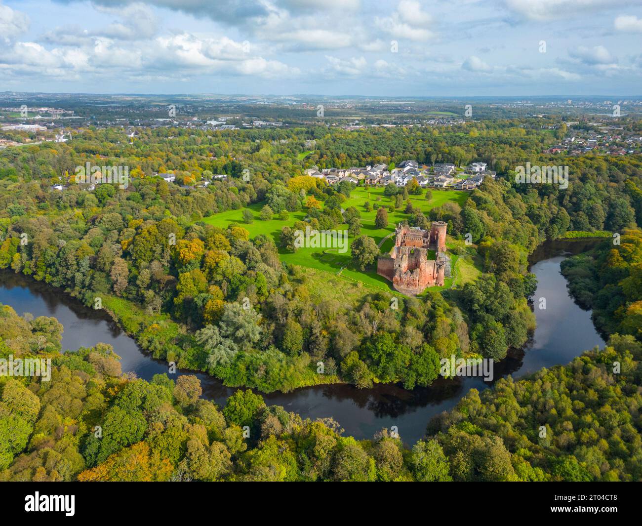 Aerial view of ruins of Bothwell Castle beside the River Clyde ...