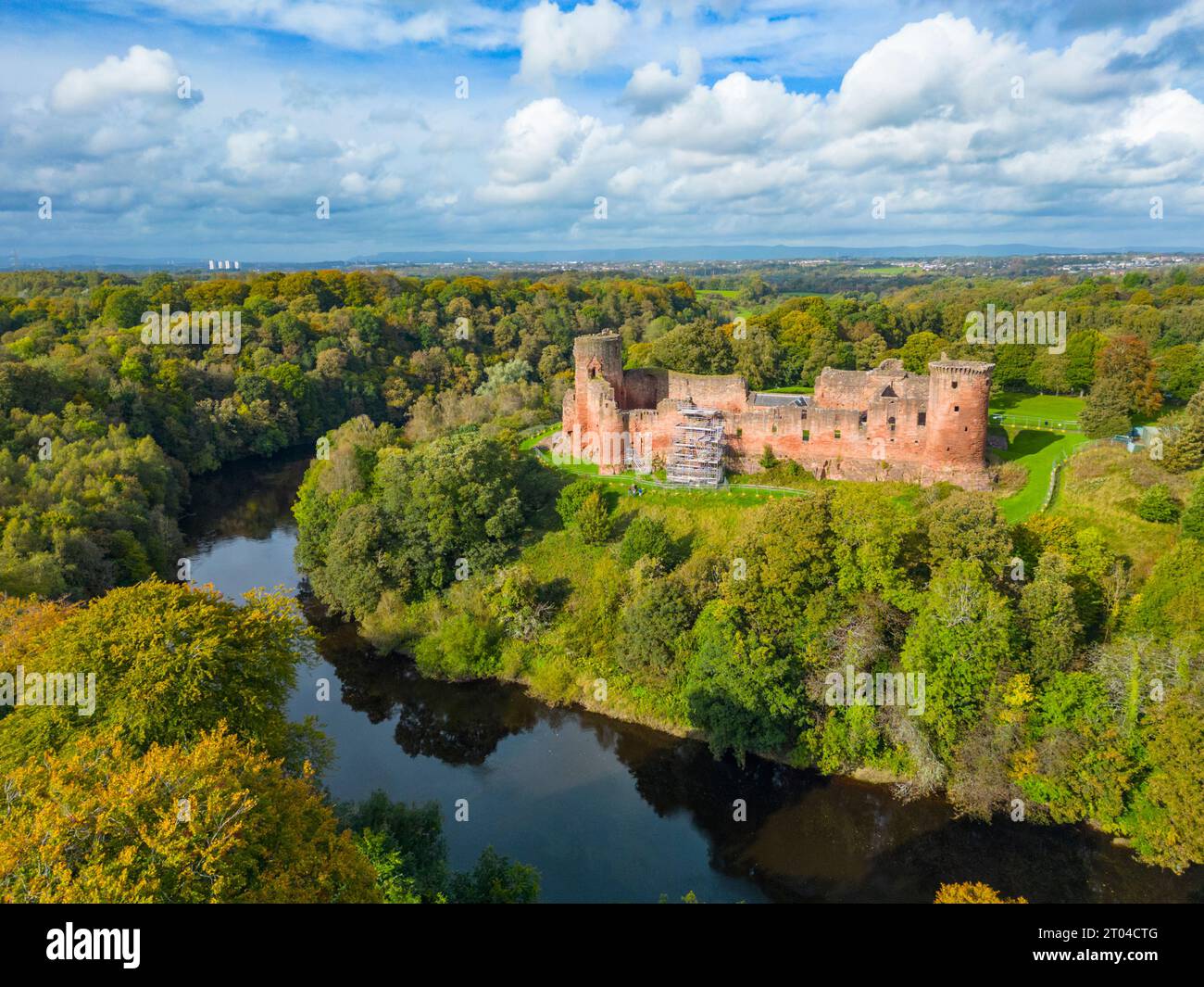 Aerial view of ruins of Bothwell Castle beside the River Clyde ...