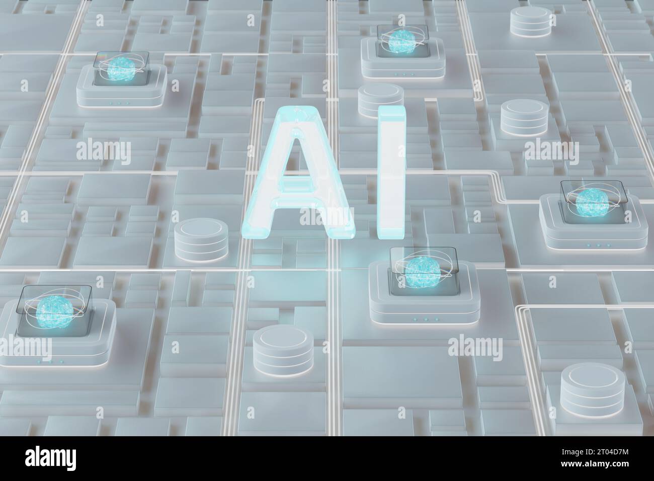 AI Artificial Intelligence background. Illuminated glossy 3d text with stylized cloud computing ...