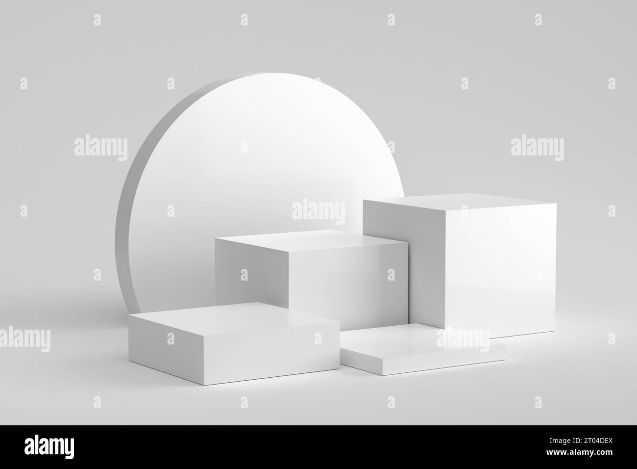 White cube and circle shaped podiums or pedestals on white background ...