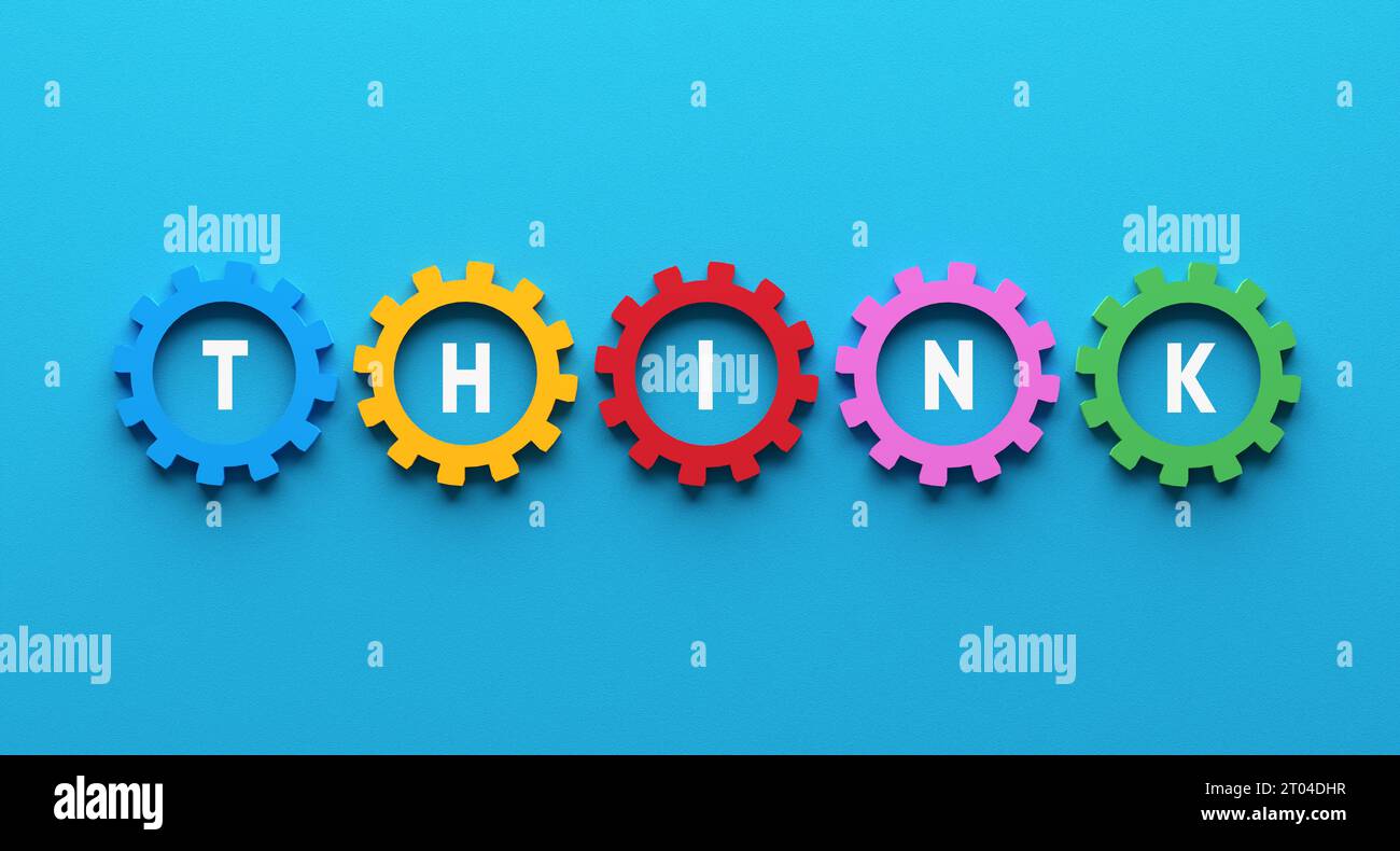 The process of thinking concept. The word think written in cogwheels on ...