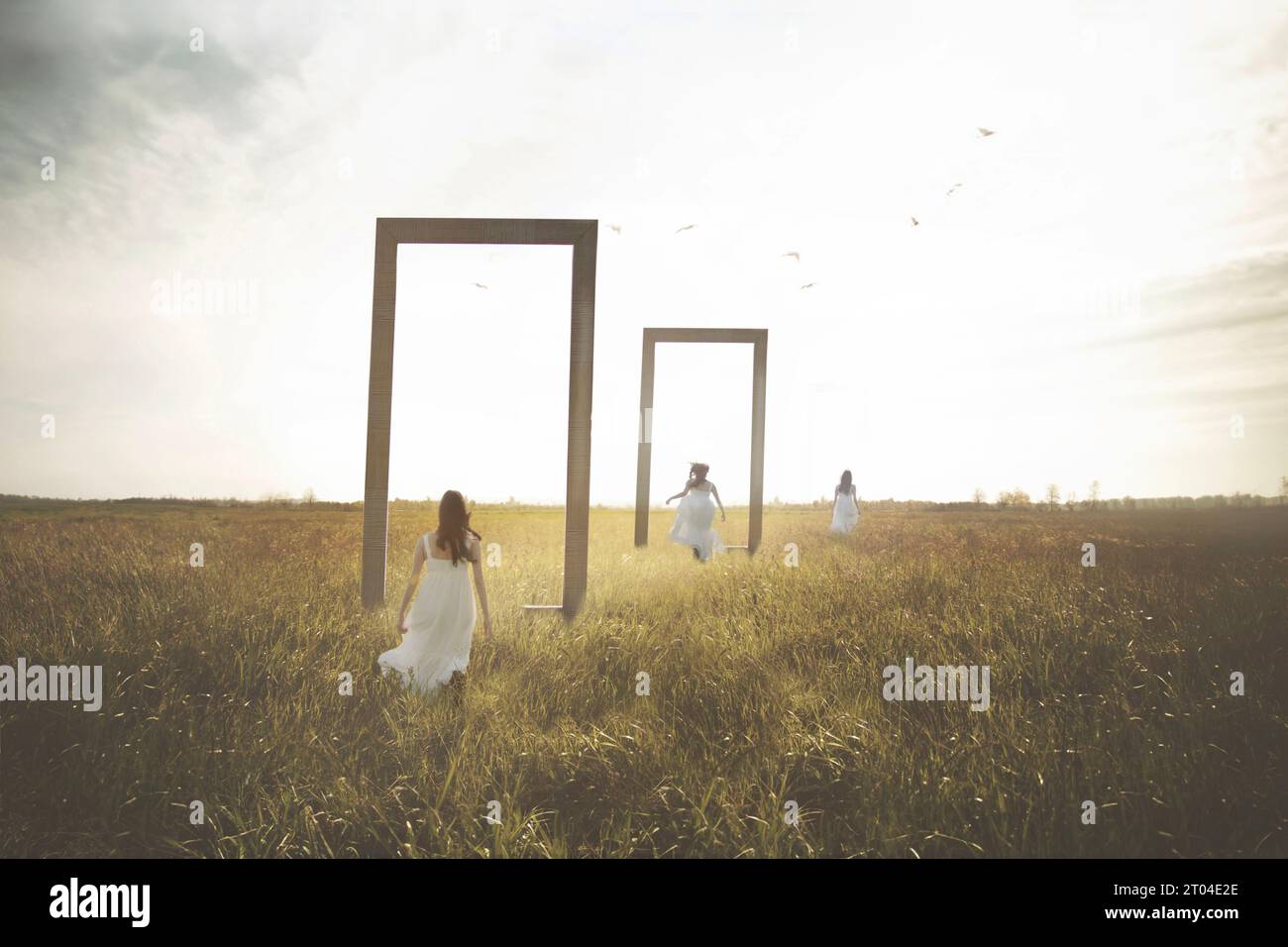 woman imagines herself in loop running through surreal doors in a field ...