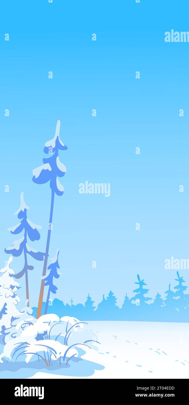 Vertical scene with falling snow. Snow-covered trees on the background ...