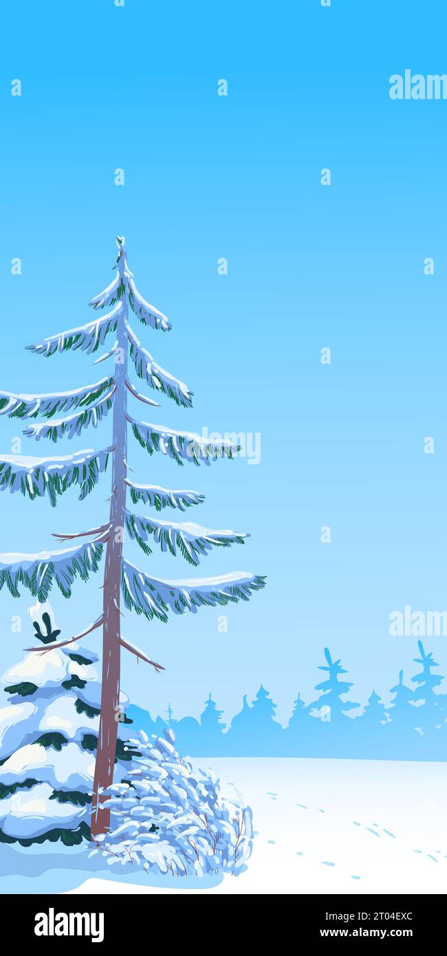 Vertical scene with falling snow. Snow-covered trees on the background ...