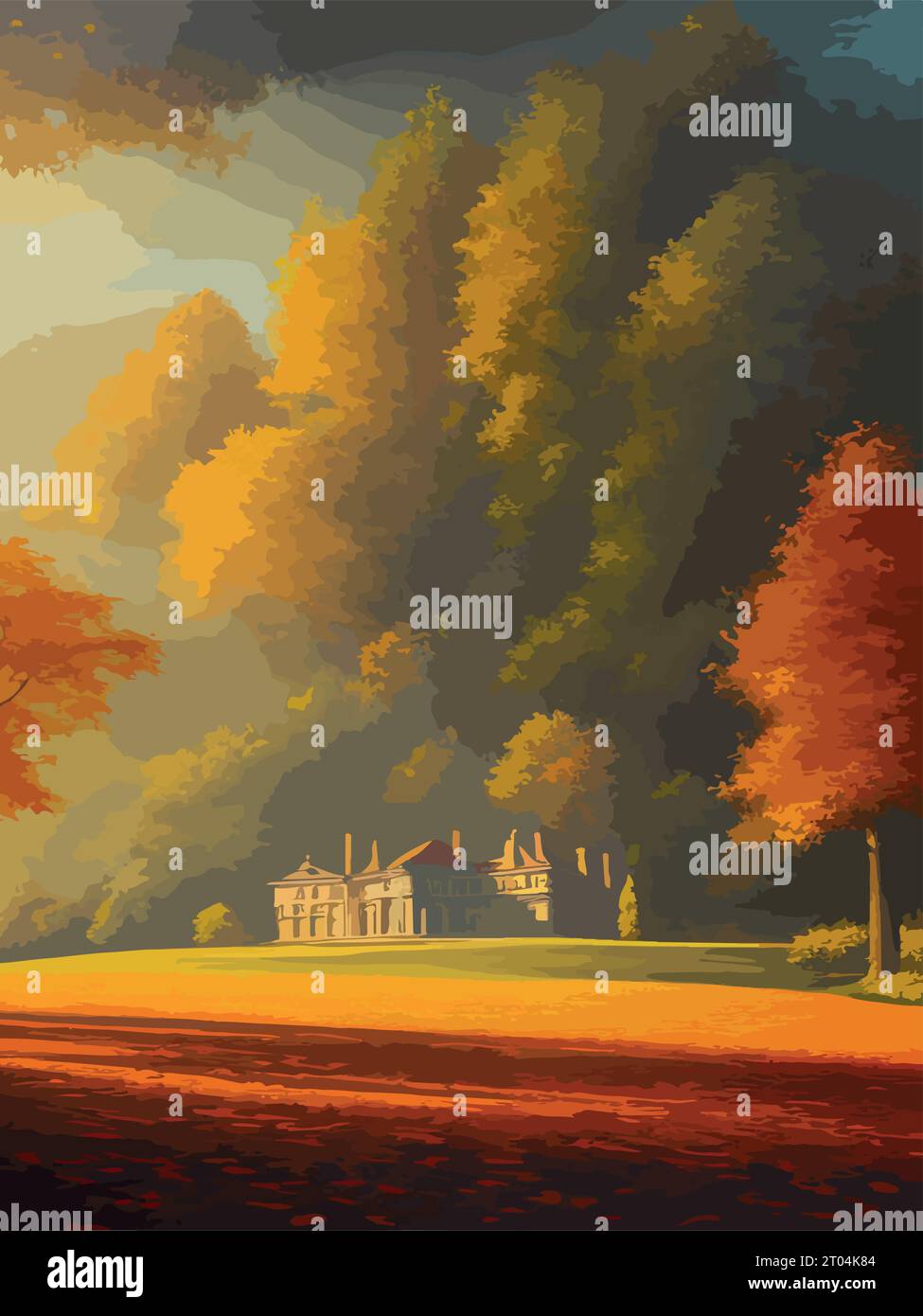 Magic castle and medieval town buildings at scenery autumn landscape ...