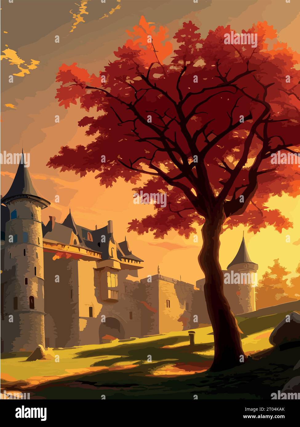 Magic castle and medieval town buildings at scenery autumn landscape ...