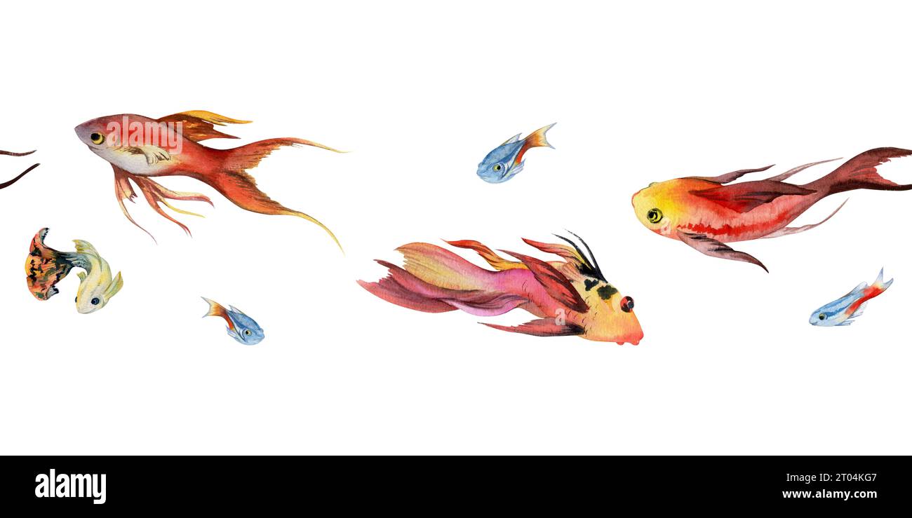 Hand drawn watercolor aquarium tropical fish sealife. Marine exotic ...