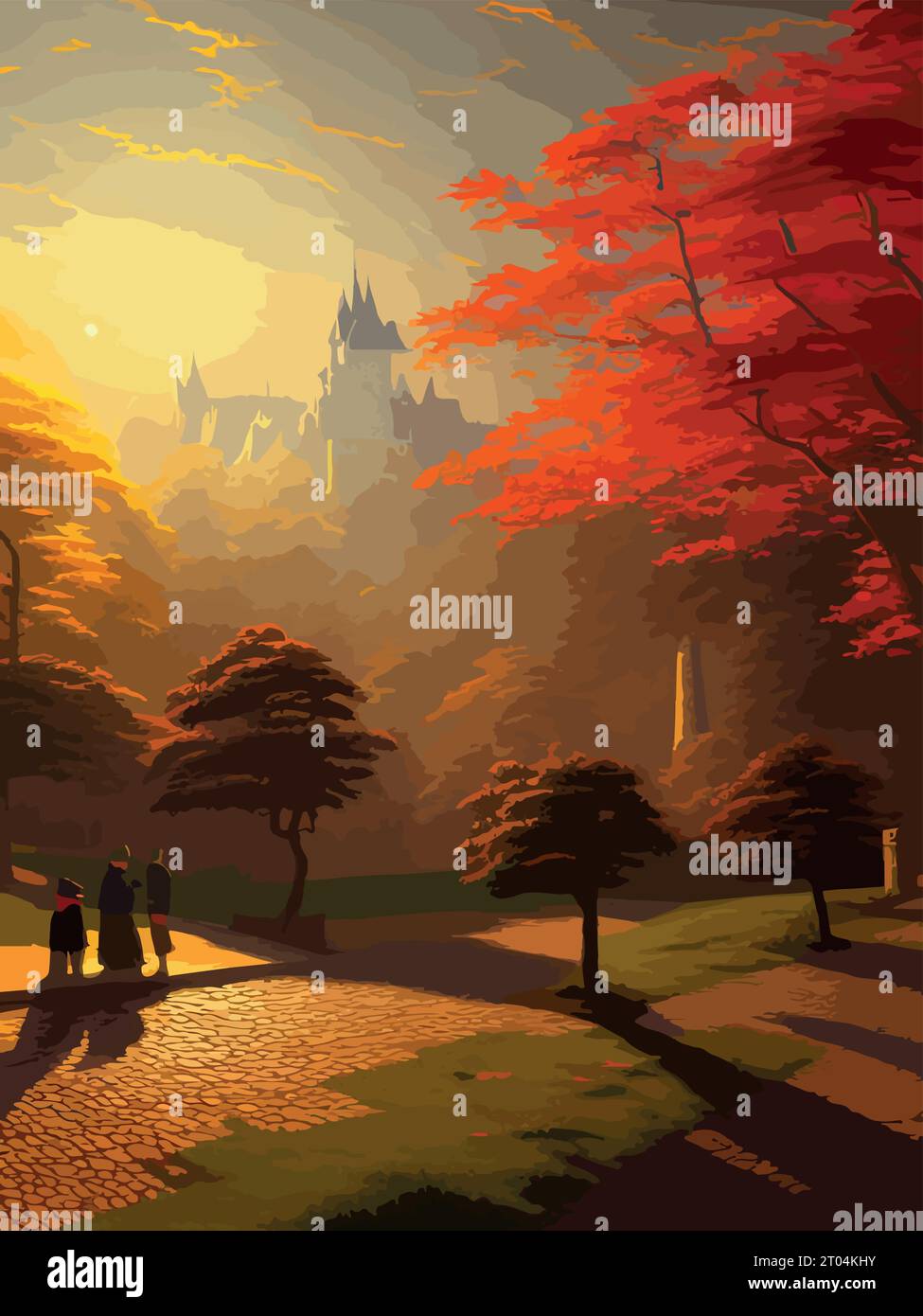 Magic castle and medieval town buildings at scenery autumn landscape ...