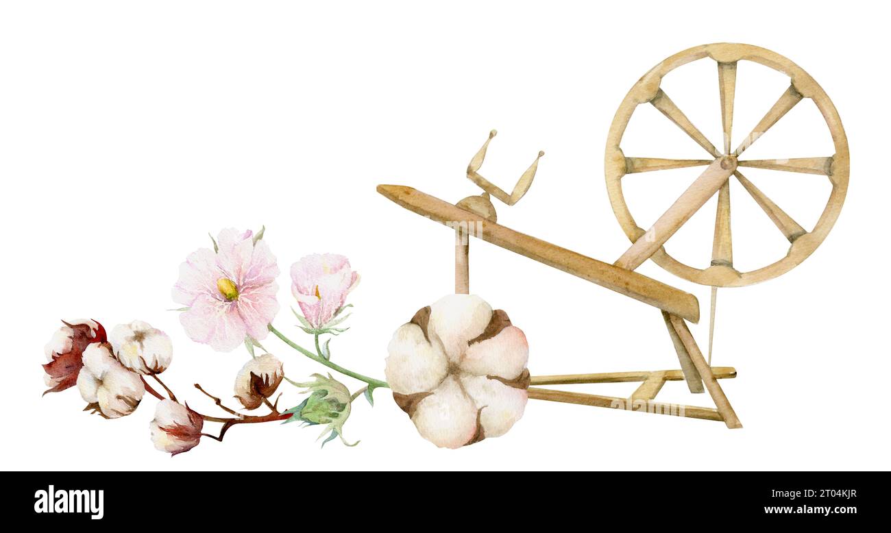 Hand drawn watercolor spinning wheel with cotton flowers and boll ...