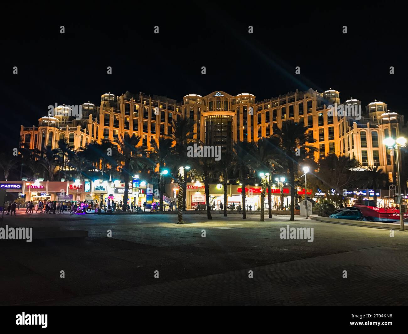 Night time exterior view of the Queen Of Sheba, temple dome hotel shape ...