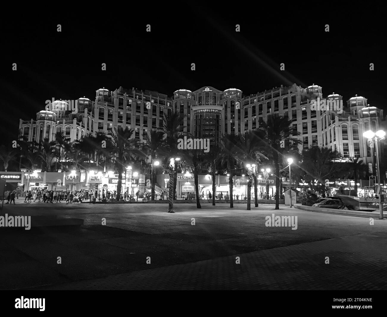 Night time black and white exterior view of the Queen Of Sheba, temple ...