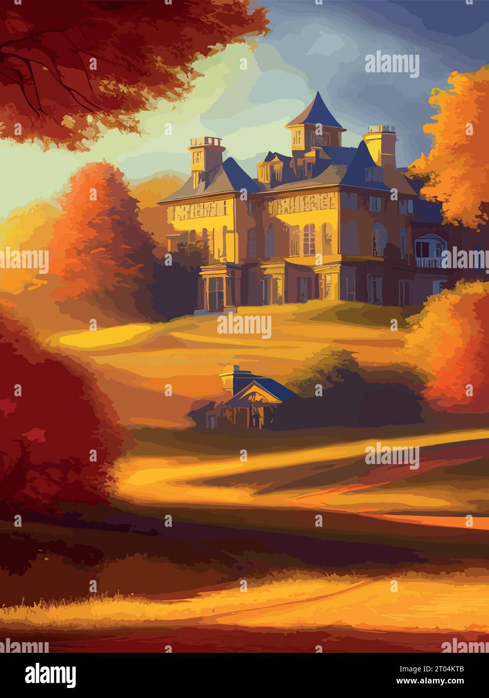 Magic castle and medieval town buildings at scenery autumn landscape ...