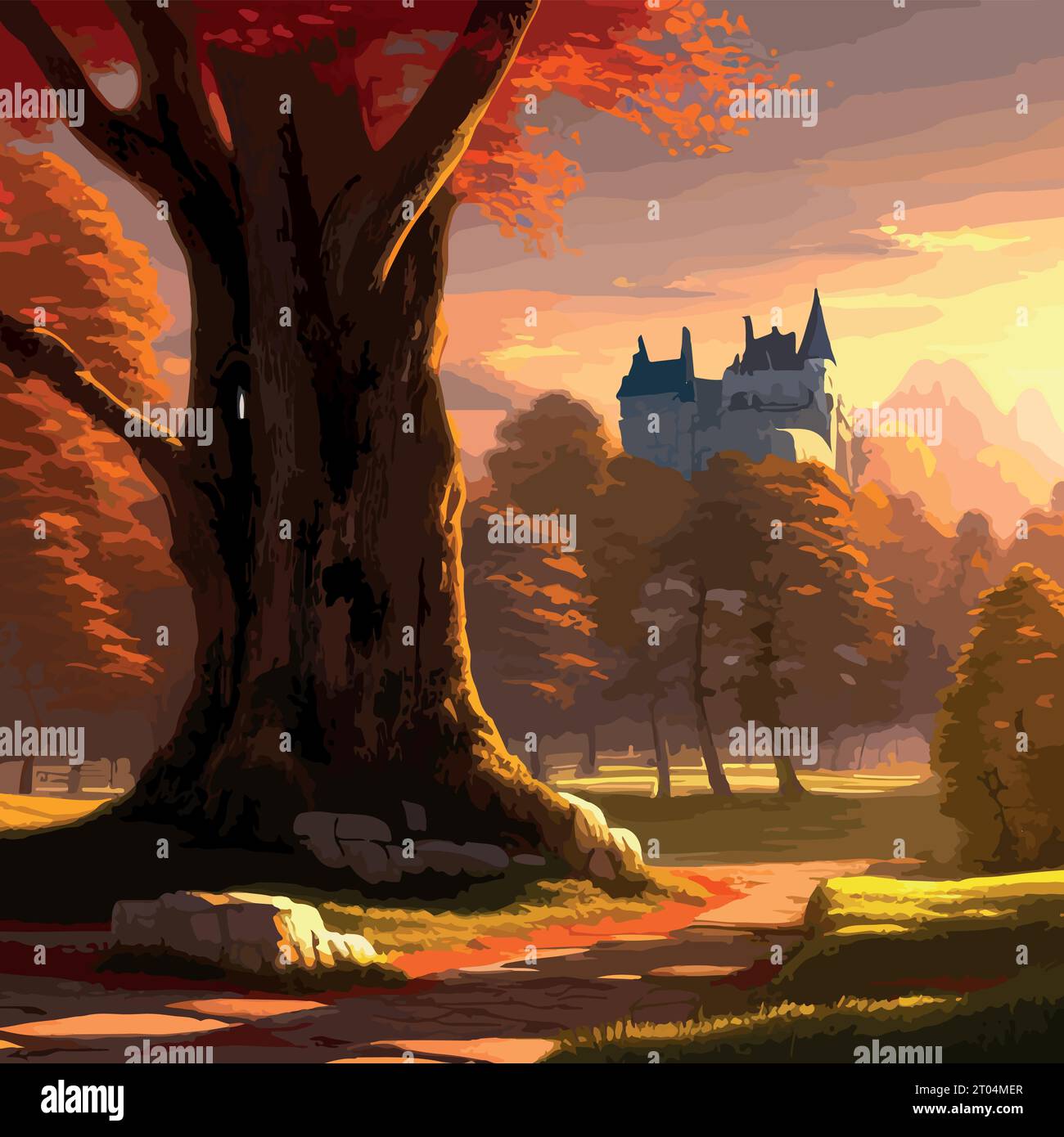 castle on a beautiful autumn day, concept art landscape, vector ...