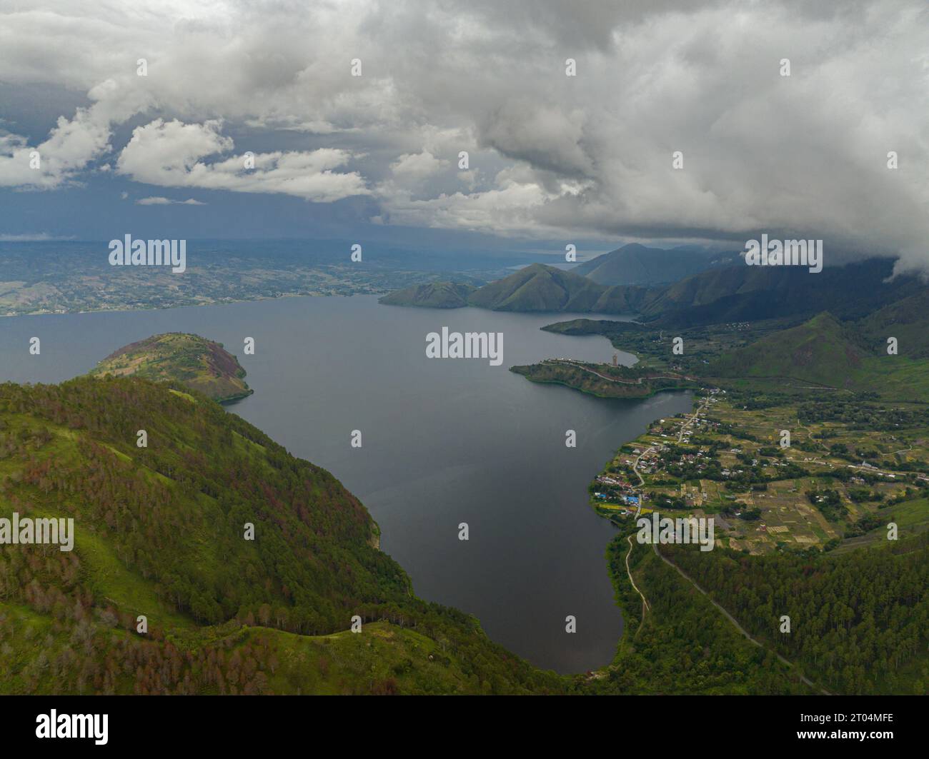 Aerial view of Samosir Island, is a large volcanic island in Lake Toba ...