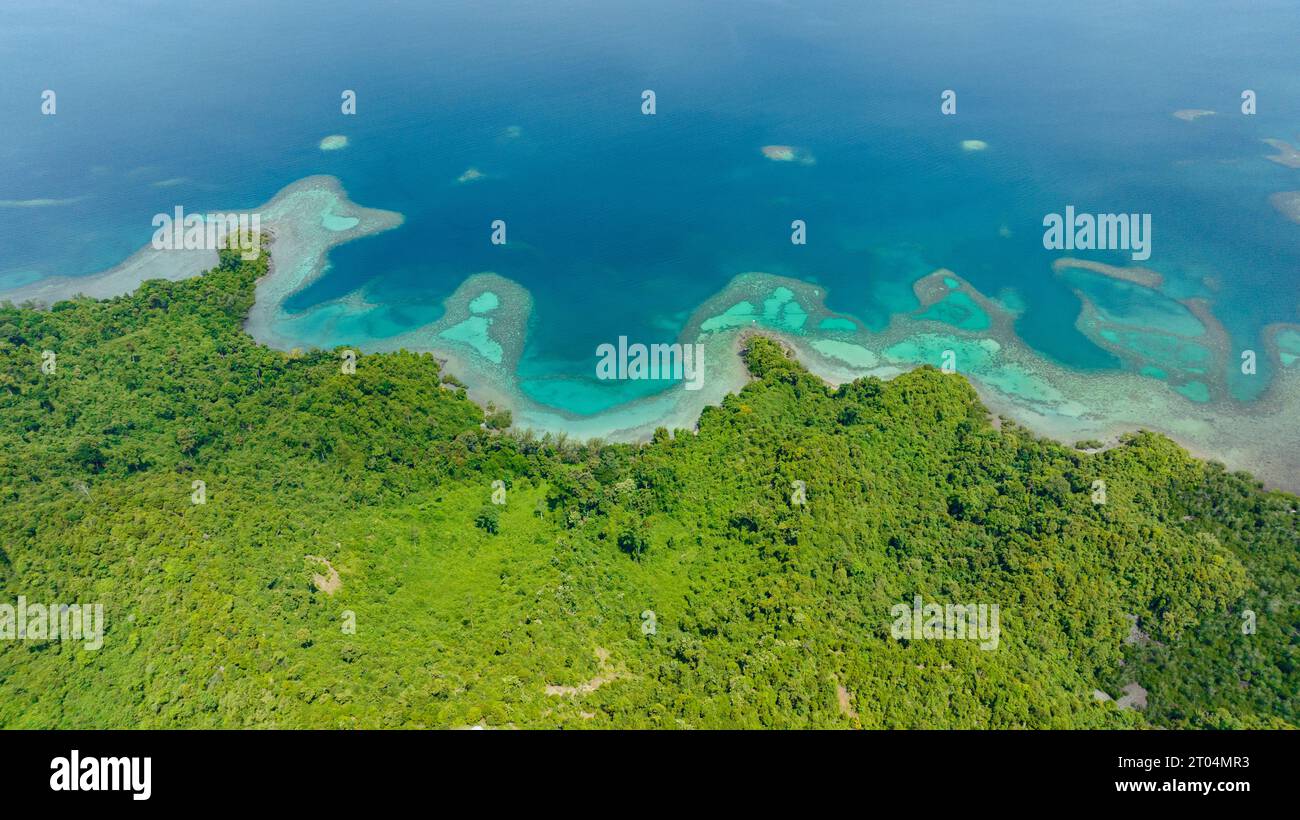 Aerial view of tropical bay and lagoons with turquoise water. Borneo ...