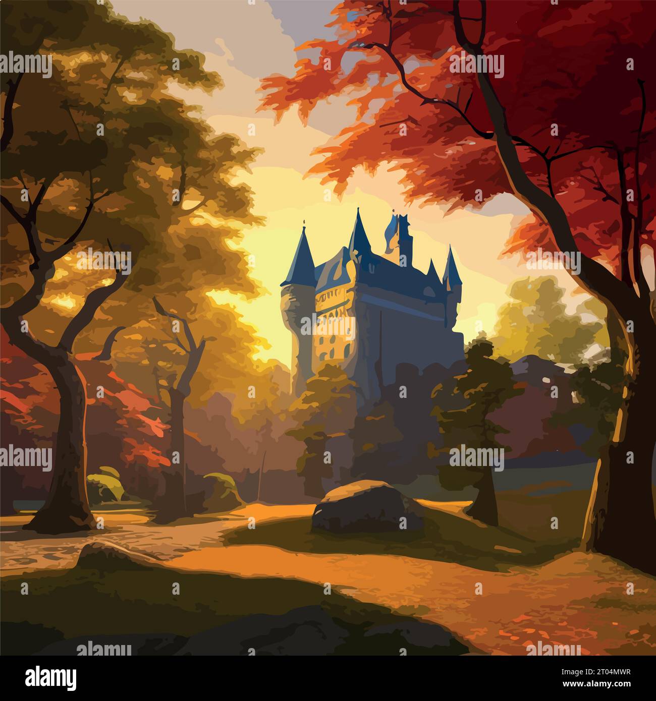 castle on a beautiful autumn day, concept art landscape, vector ...