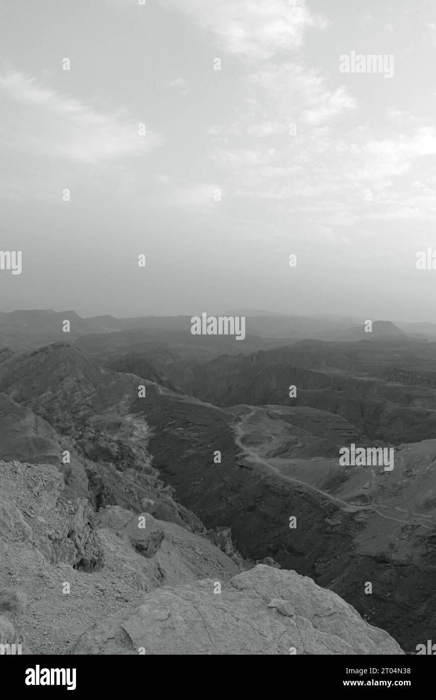 Black and white image of Eilat Mountain range within the southern Negev ...