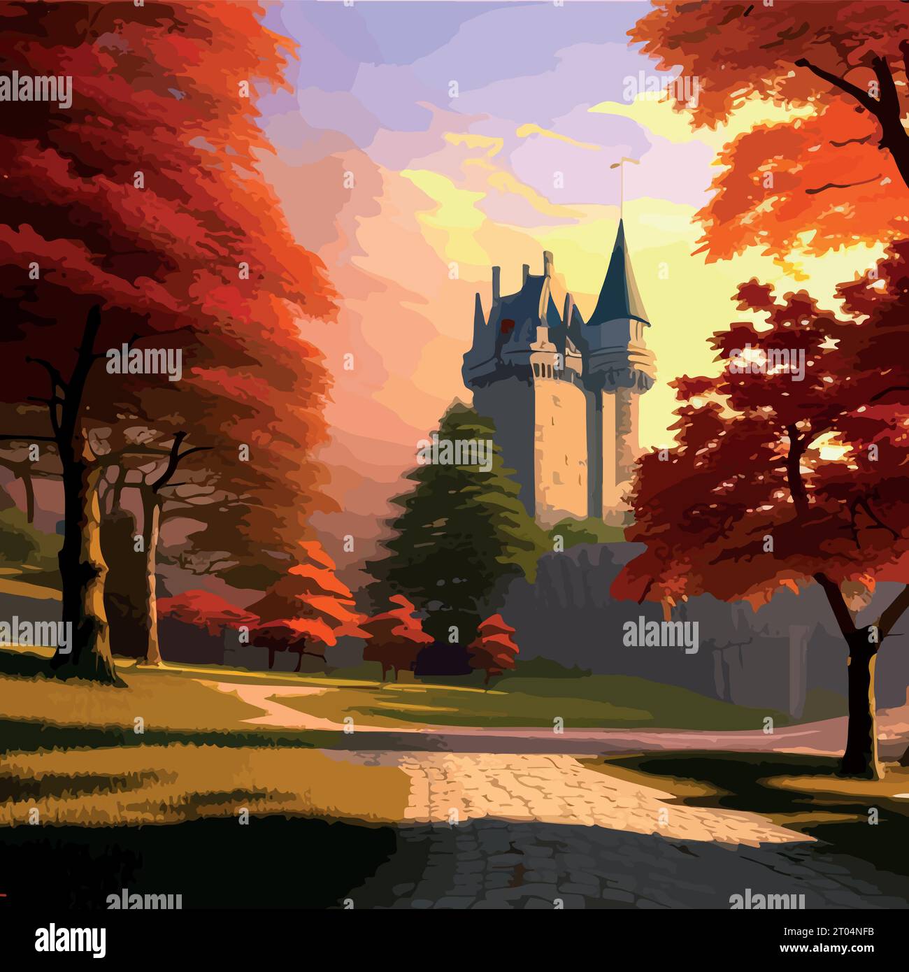 castle on a beautiful autumn day, concept art landscape, vector ...
