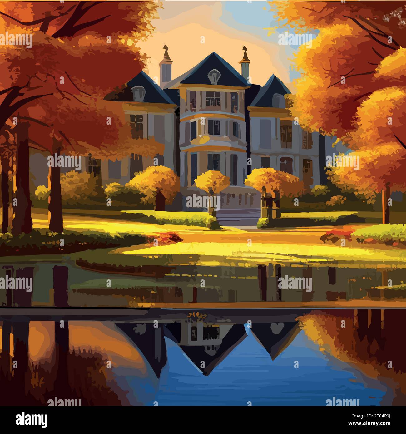 castle on a beautiful autumn day, concept art landscape, vector ...