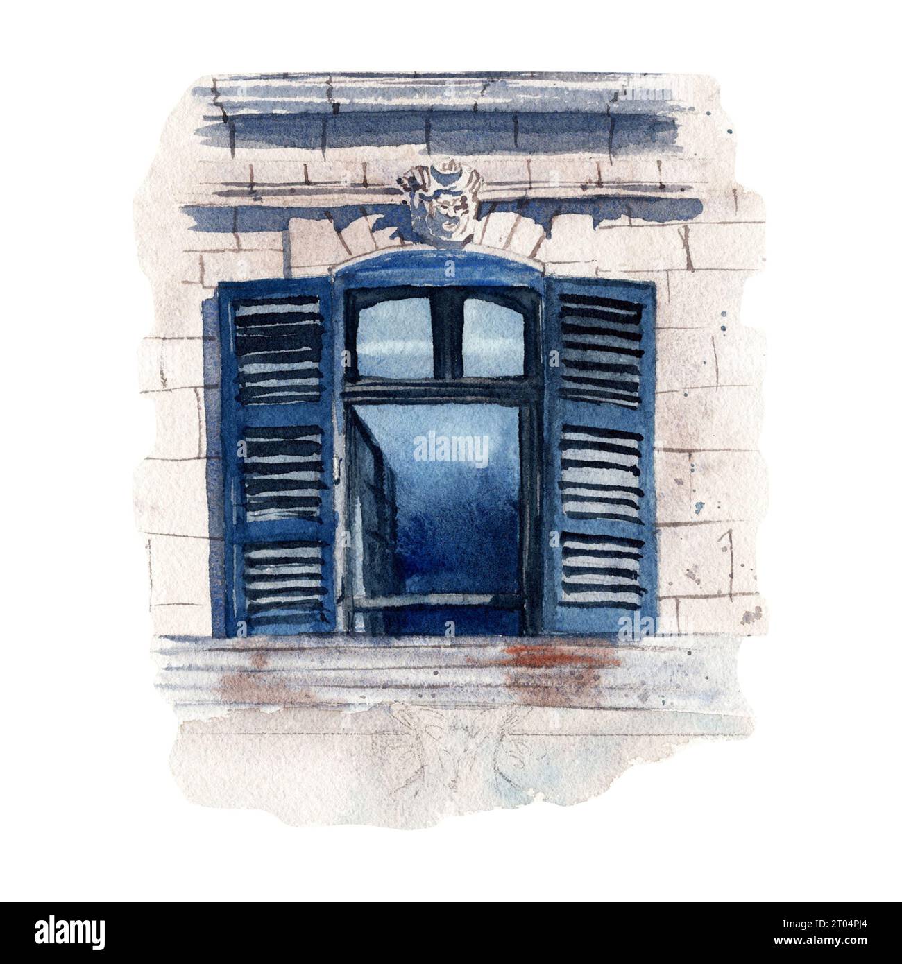 Watercolor illustration of a blue window with opened shutters. Sketch ...