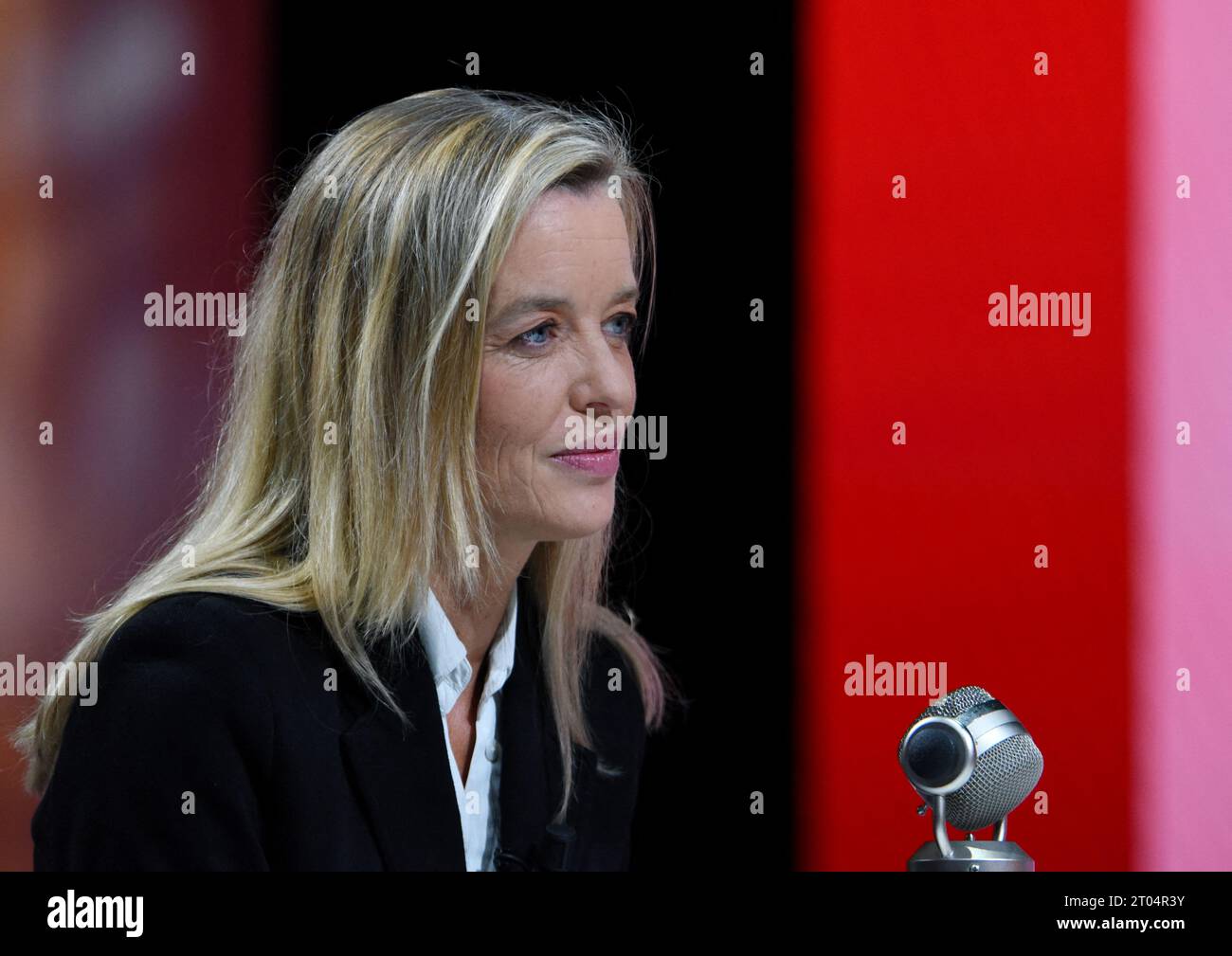 Paris, France. 04th Oct, 2023. Audrey Derveloy is interviewed by ...