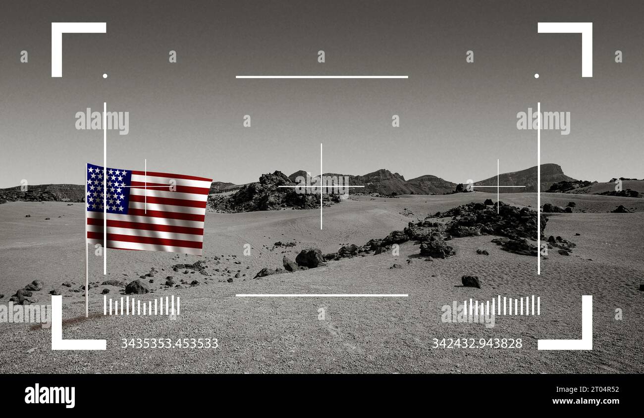 Futuristic cosmic science background with US flag Mars rover through ...