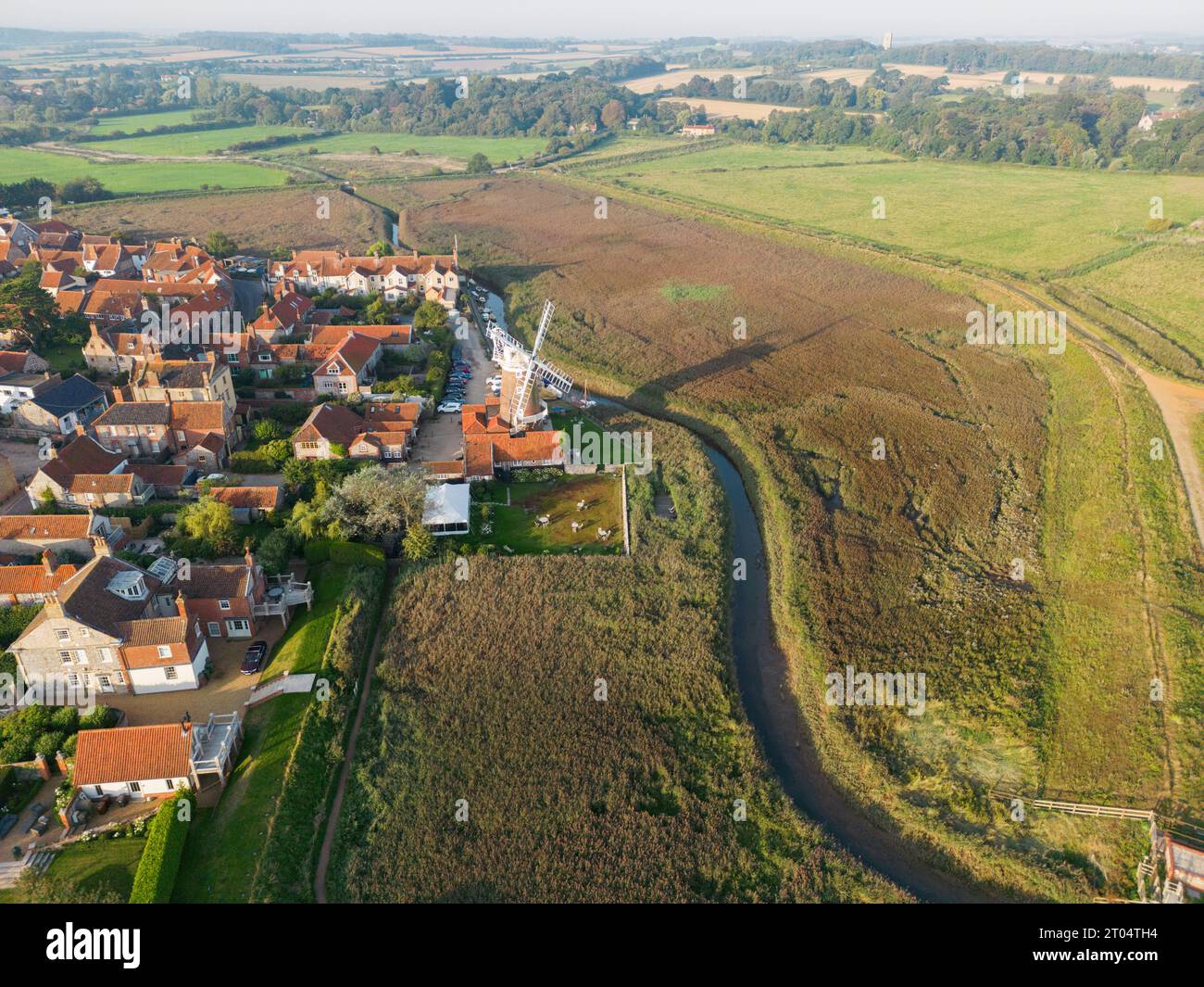 aerial view Cley-next-the-sea and windmill from drone, Cley, Norfolk ...