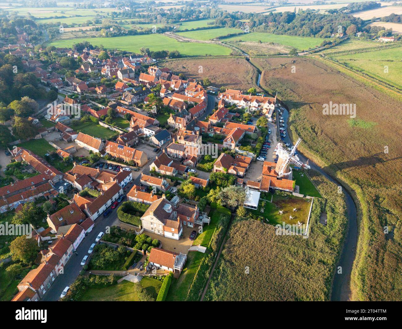 aerial view Cley-next-the-sea and windmill from drone, Cley, Norfolk ...