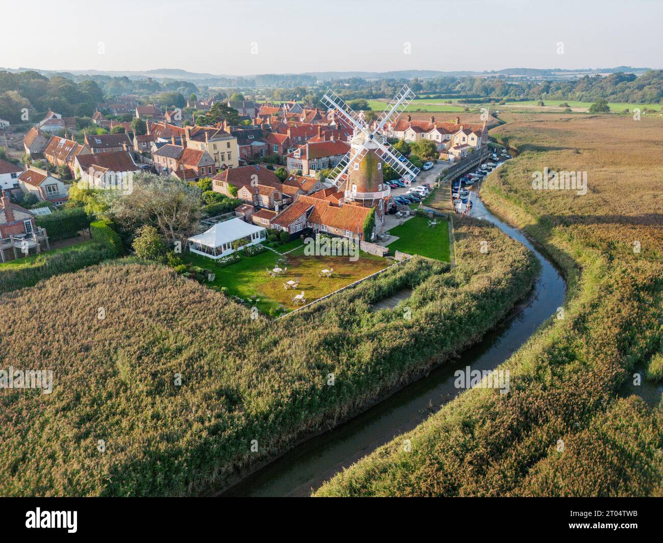 aerial view Cley-next-the-sea and windmill from drone, Cley, Norfolk ...