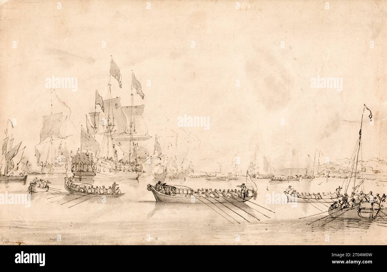 Landing of William of Orange at Brixham, Torbay, drawing in pen and ink ...
