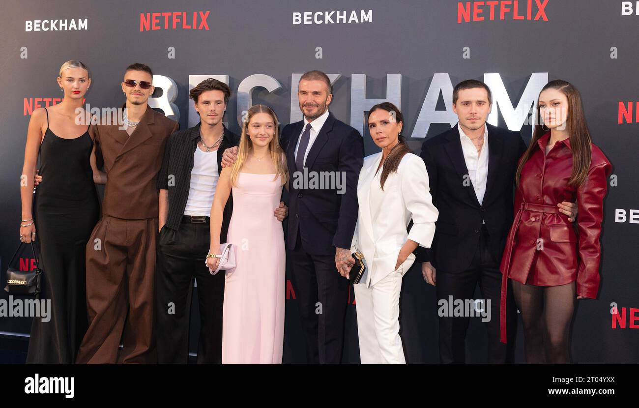 London, UK. 03 October, 2023. (L-R) Mia Regan, Romeo Beckham, Cruz ...