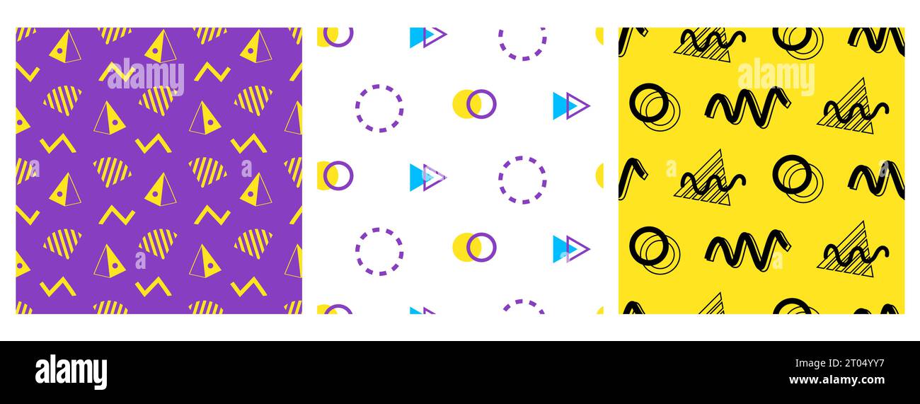 90s Trendy Geometric Memphis Seamless Patterns Set Stock Vector Image ...