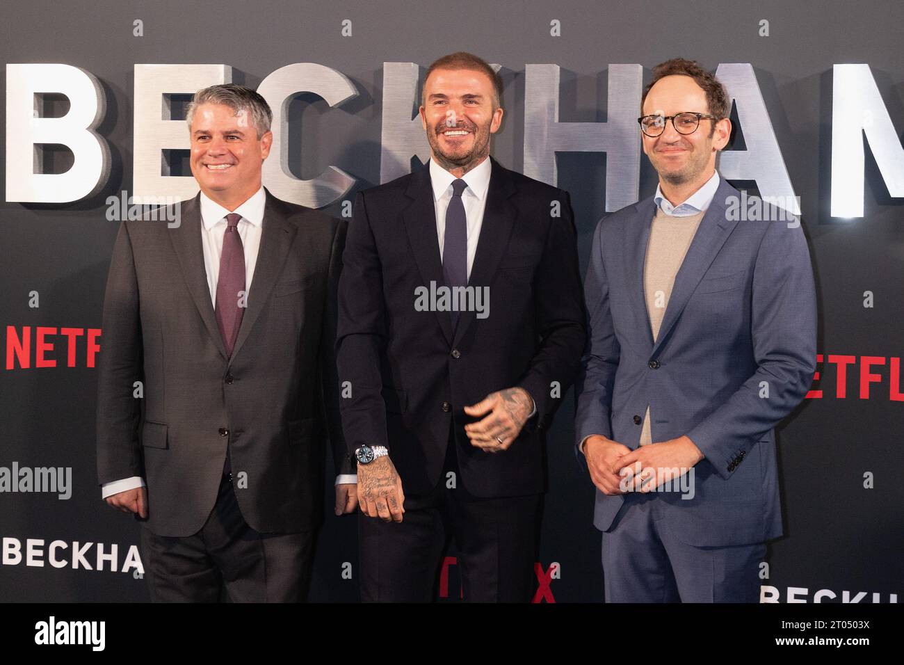London, UK. 03 October, 2023. (L-R) Adam Del Deo, David Beckham and ...