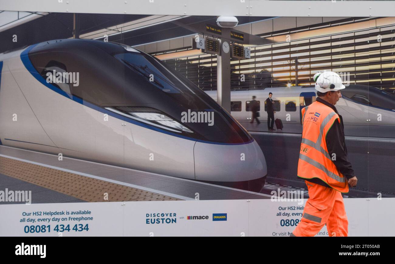 London, England, UK. 4th Oct, 2023. A worker walks past the HS2 ...
