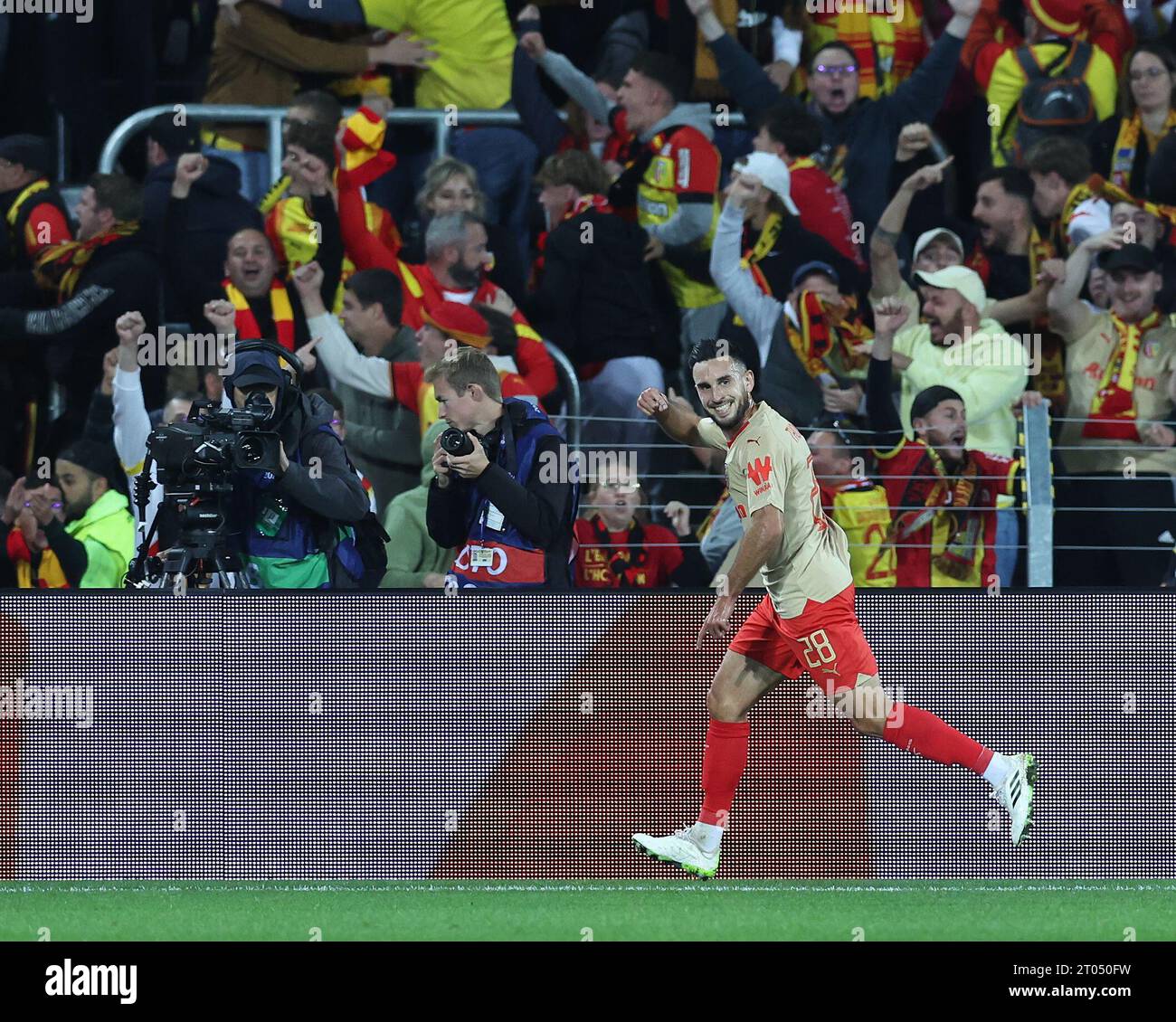 Lens, France. 3rd Oct, 2023. Adrien Thomasson of RC Lens celebrates his ...