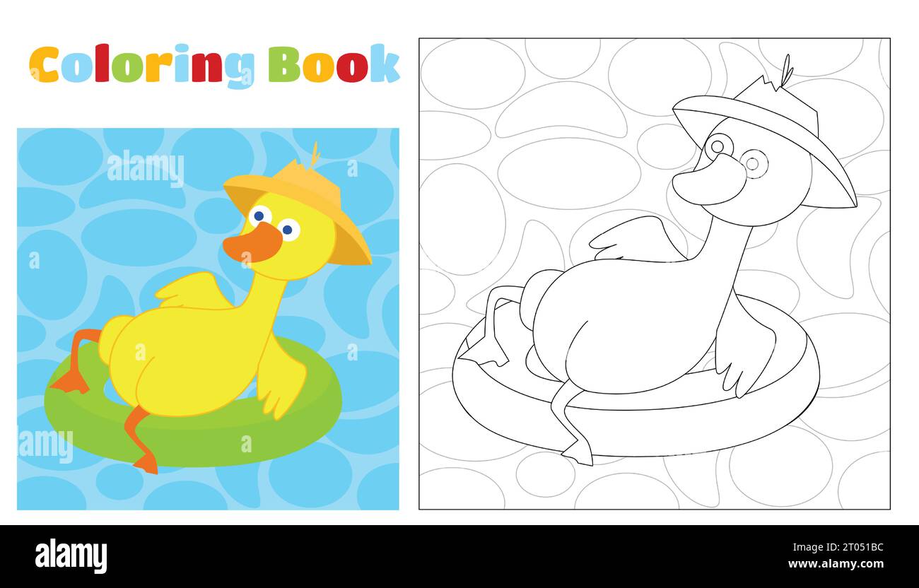 Coloring page funny duck swims in an inflatable pool circle. The duck ...