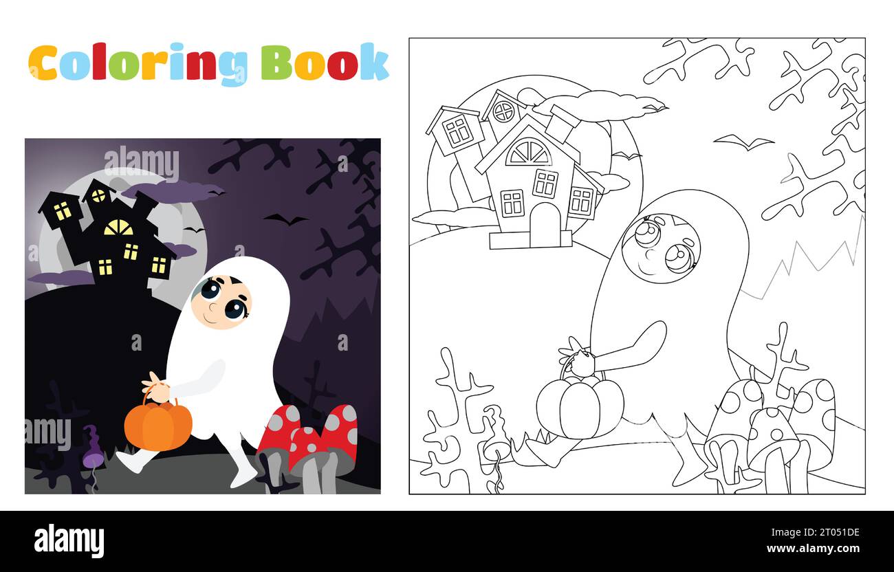 Halloween coloring book for children. A small child is dressed in a ...