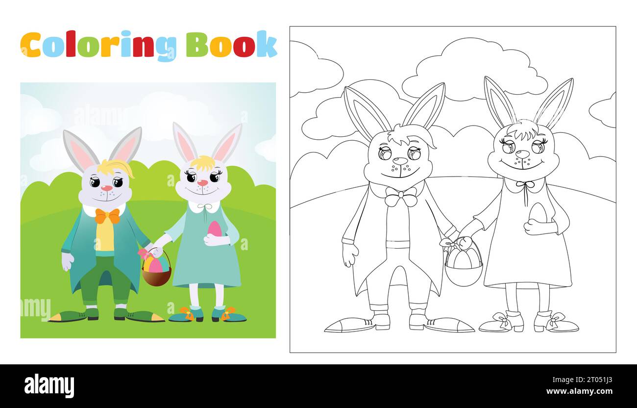 Children's coloring Easter bunnies dressed in a suit and a dress stands ...
