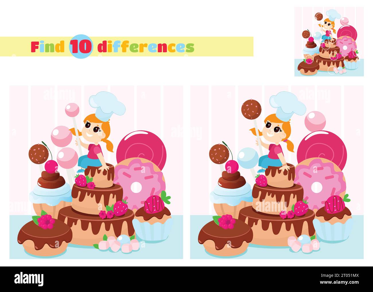 Find the differences. The girl is sitting on a huge cake with a ...