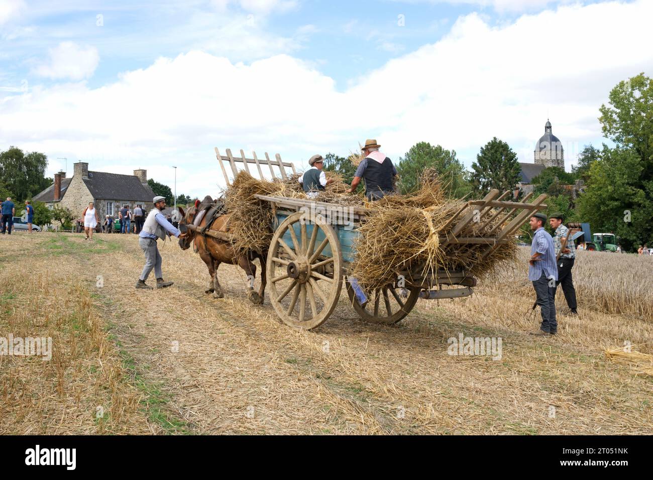 Old cart of straw bales pulled by a horse, harvest festival, harvesting ...