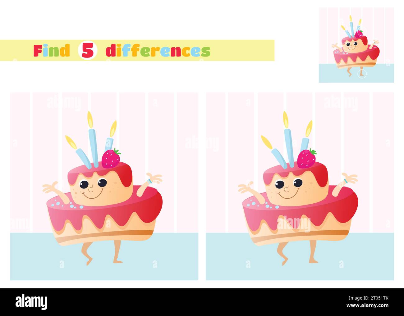 Find the differences. A funny cake with candles and arms and legs ...
