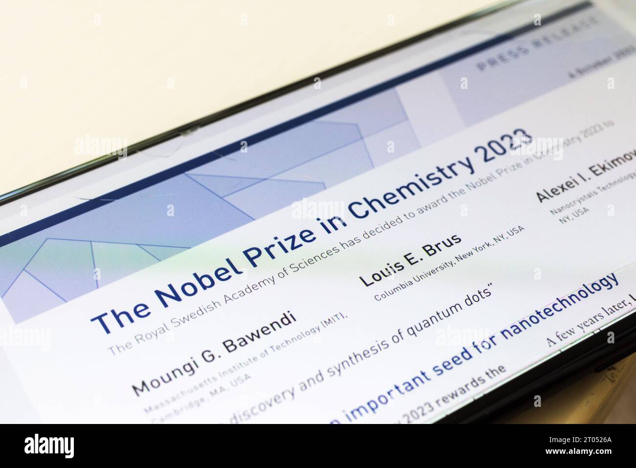 Motala, Sweden. 4th, October, 2023. Moungi Bawendi, Alexei Ekimov och ...