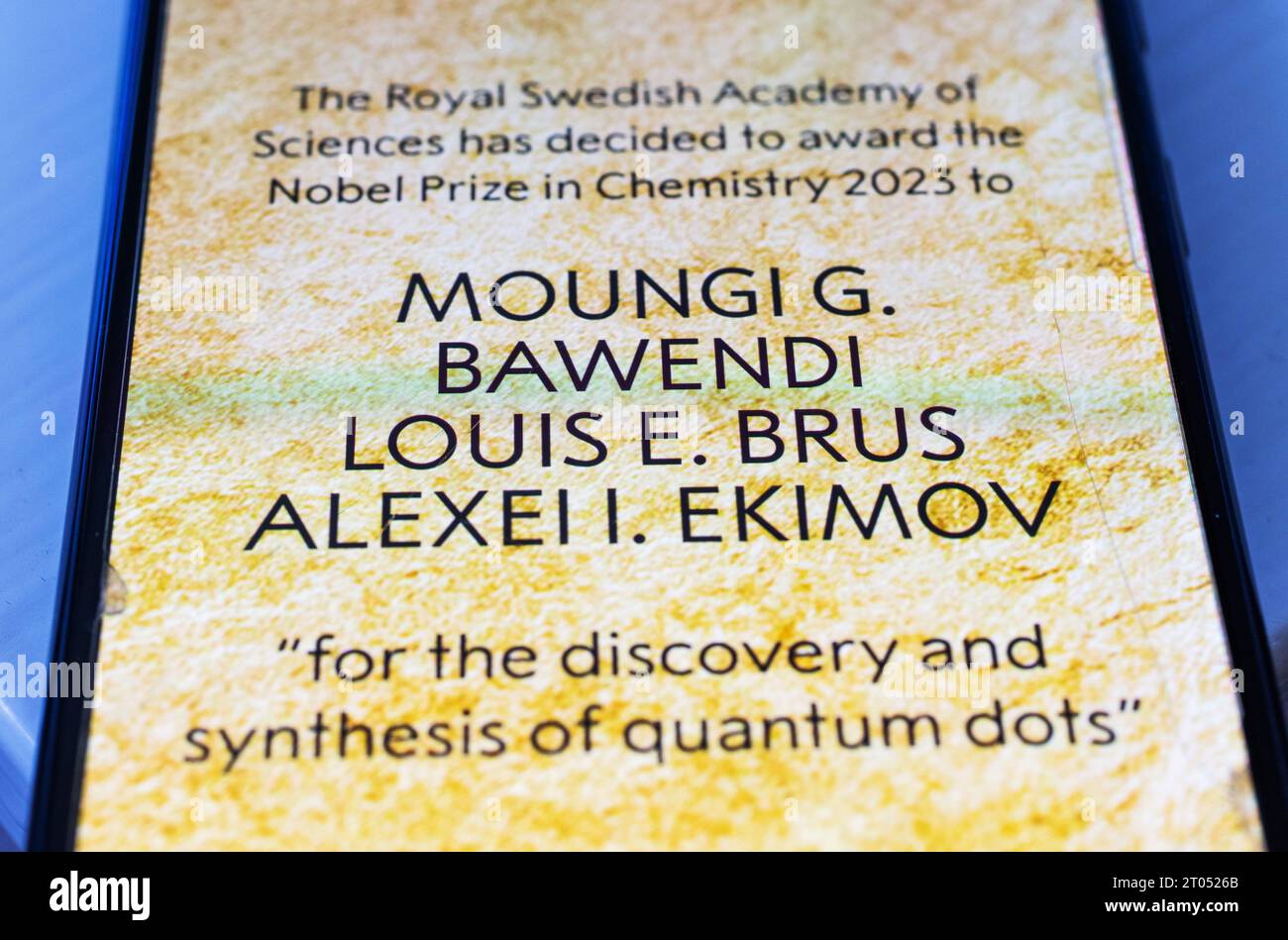 Motala, Sweden. 4th, October, 2023. Moungi Bawendi, Alexei Ekimov och Louis Brus, whose names ...